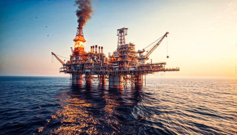 Oil and Gas Platform in the Sea at Sunset. Oil and Gas Industry and ...