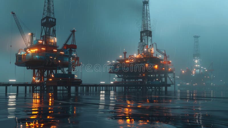 Oil and Gas Production Platform in the Middle of the Ocean at Night ...