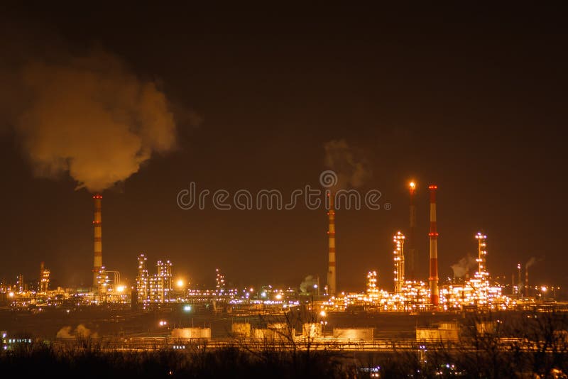 Oil and Gas Work Industry Factory at Night Stock Photo - Image of pipe ...