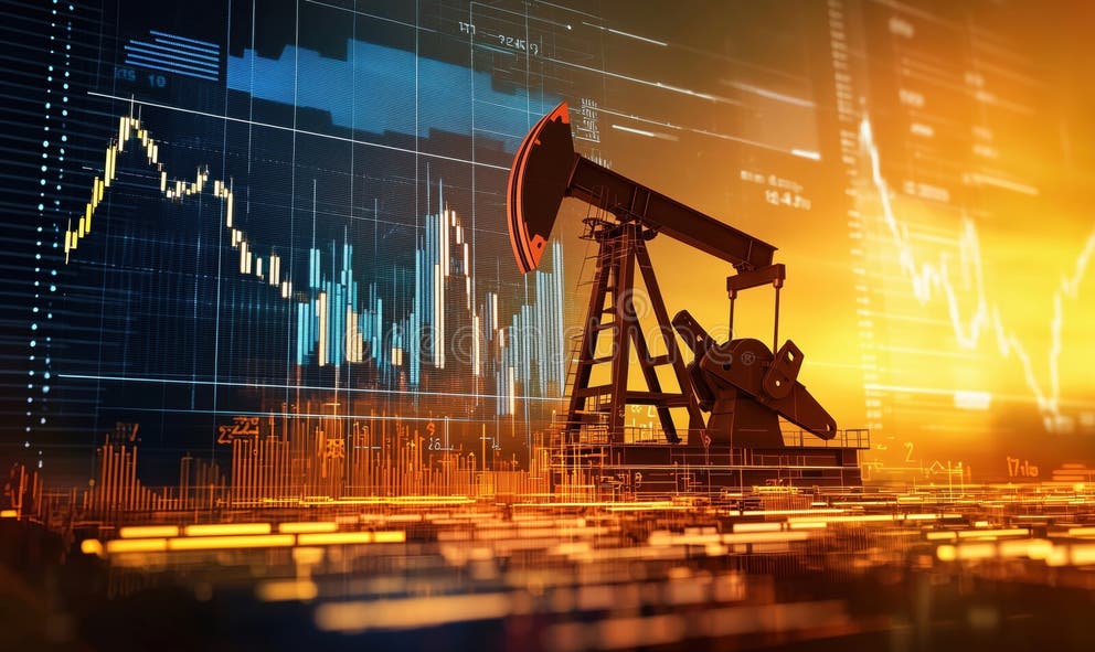 Oil Industry Concept with Pump Jack Silhouette and Financial Data Visualization Stock Photo ...