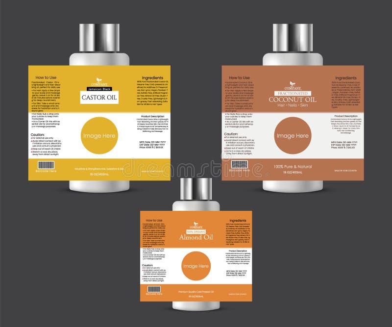 Oil Label Design Template for Castor Oil, Coconut Oil, and Almond Oil ...