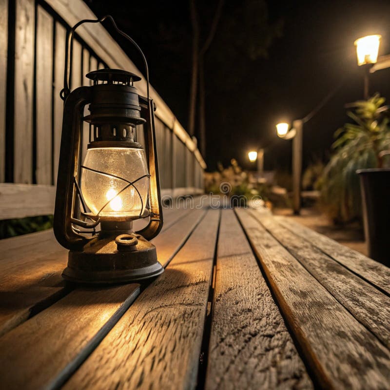 Oil Lamp Glowing at Night on a Wooden Surface Stock Illustration ...