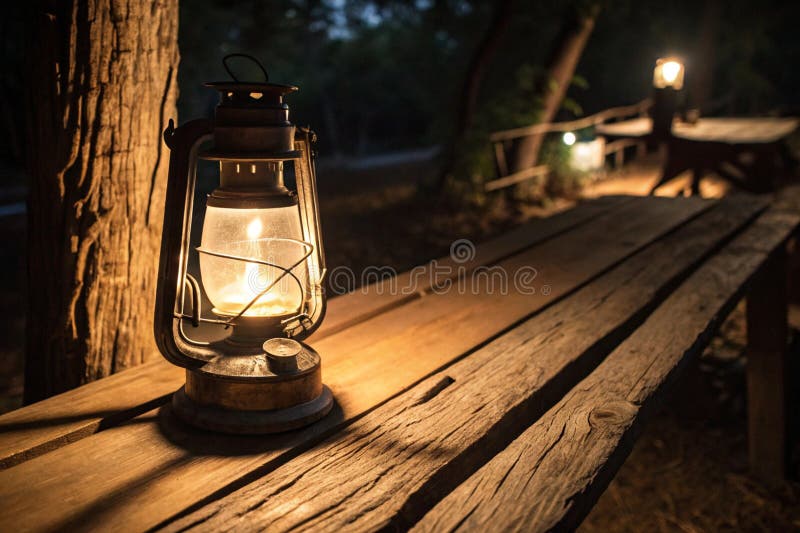 Oil Lamp Glowing at Night on a Wooden Surface Stock Illustration ...