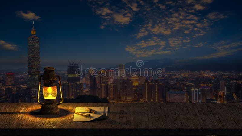Oil Lamp at Night on a Wooden Surface Stock Illustration - Illustration ...