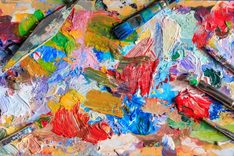 Oil Paint, Different Types of Brushes and Palette Stock Photo - Image ...