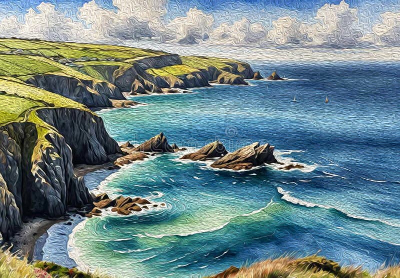 Mountain Landscape by the Ocean . Oil Painting Stock Illustration ...