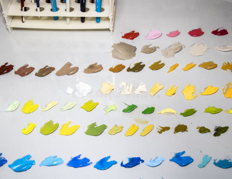 Oil Paint Samples Aligned by Colors Stock Photo - Image of room, drink ...