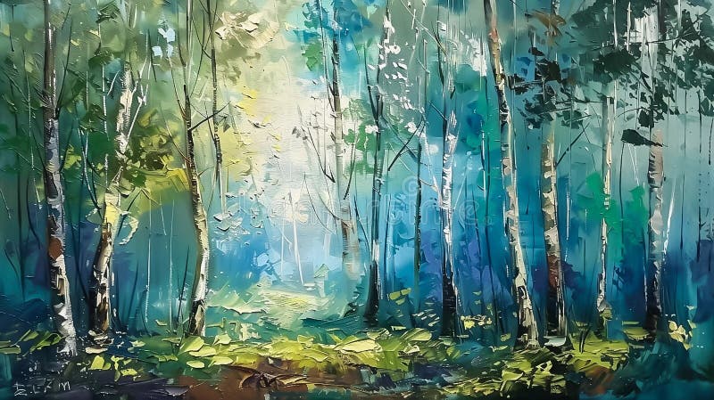 Oil Painting of Birch Forest. Landscape Stock Illustration ...