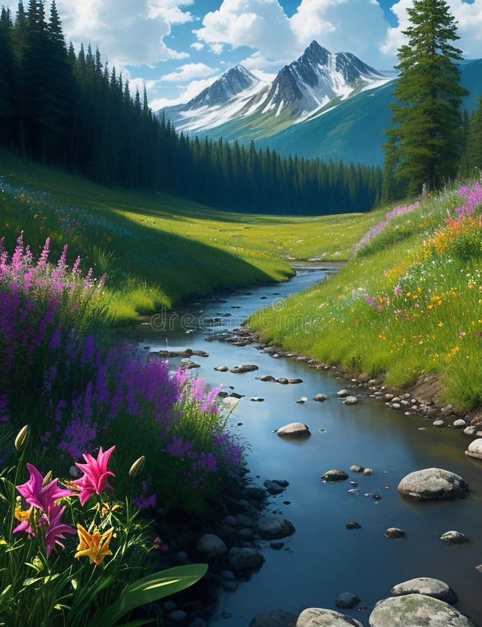 Oil Painting of Breathtaking Lilies in a Tiny Stream Stock Illustration ...