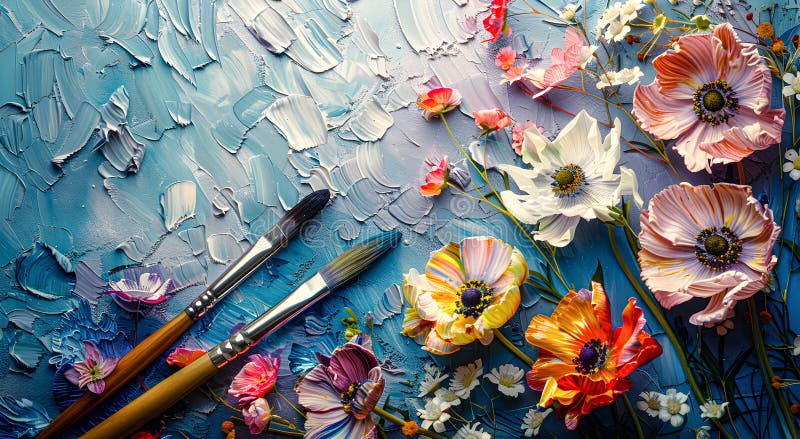 Oil Painting with Brushes and Fresh Flowers Stock Image - Image of ...