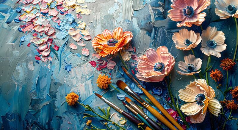 Oil Painting with Brushes and Fresh Flowers Stock Photo - Image of ...