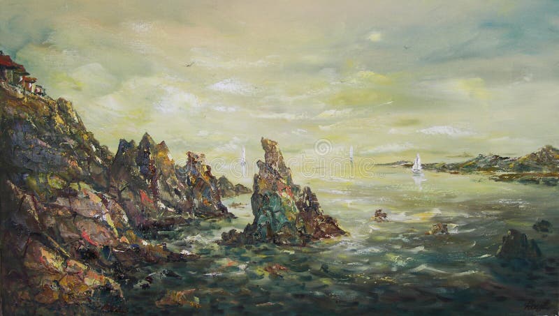 Oil Painting on Canvas. Sea and Rocks Stock Illustration - Illustration ...