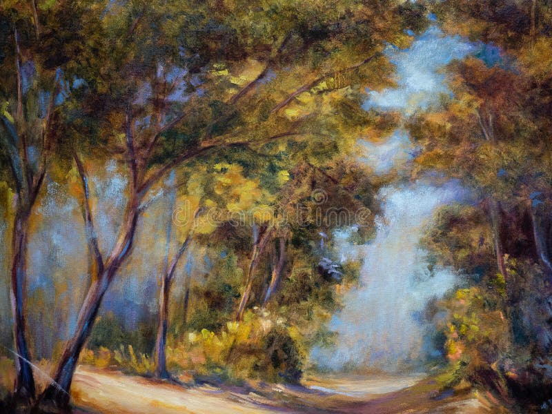 Oil Painting of a Forested Path Stock Photo - Image of forest, stroke ...