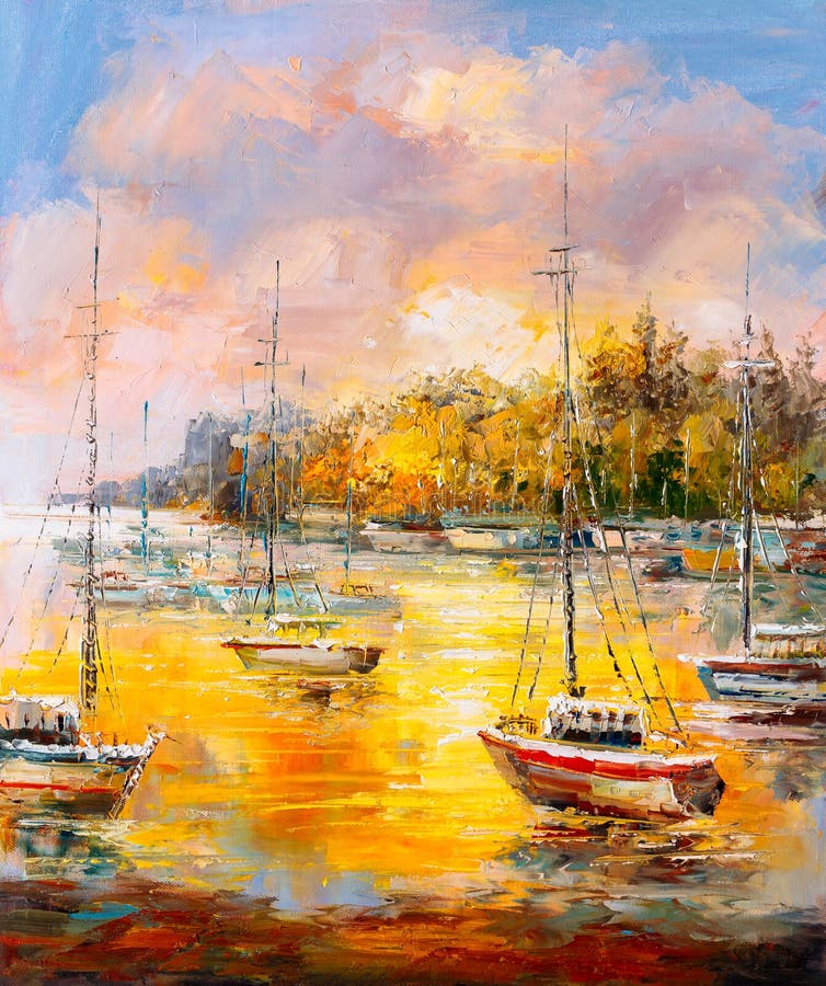 Oil Painting - Harbor View stock illustration. Illustration of brush ...
