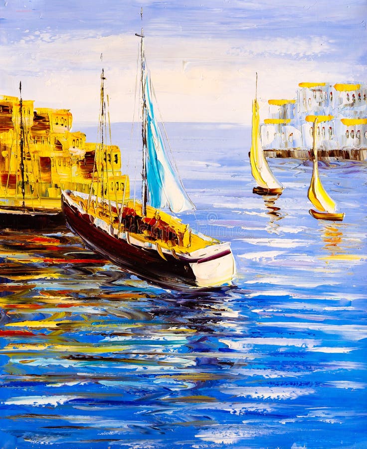 Oil Painting - Harbor View stock illustration. Illustration of acrylic ...
