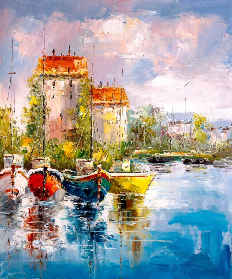 Oil Painting - Harbor View stock illustration. Illustration of brush ...