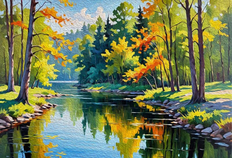 Oil Painting. Landscape by the Lake. Pattern for Printing on Wall ...