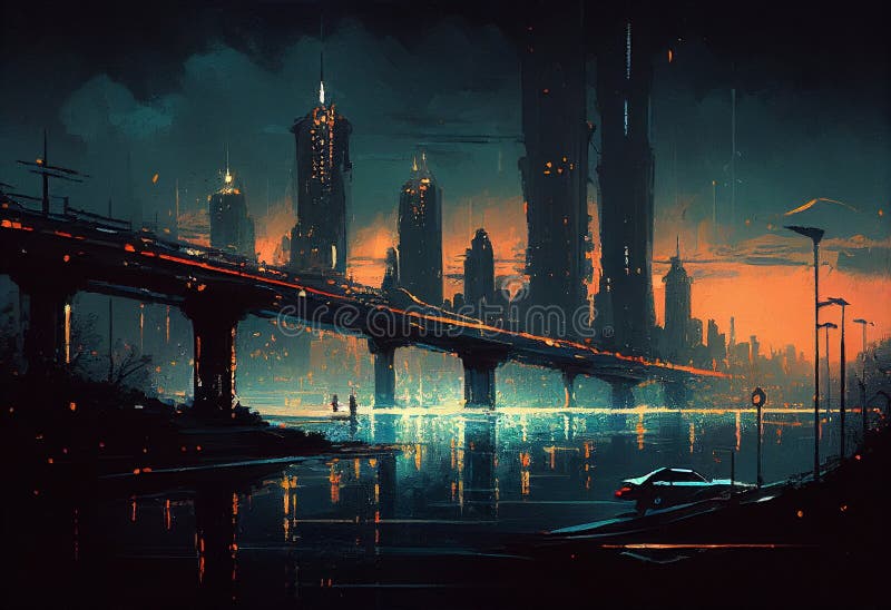 Oil Painting of Night City. AI Generated Stock Illustration ...