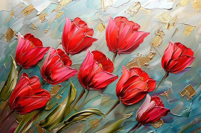 Oil Painting with Red Tulips. Generative AI. Stock Illustration ...