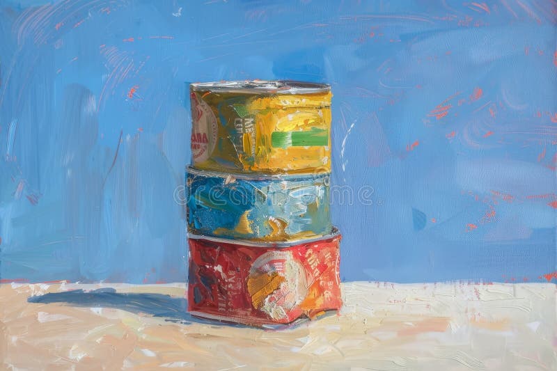 Oil Painting Showing a Stack of Cans Placed on a Table, an Oil Painting ...