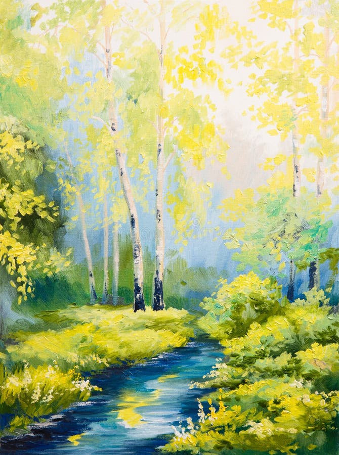 Oil Painting - Spring Landscape, River in the Forest, Colorful Stock ...