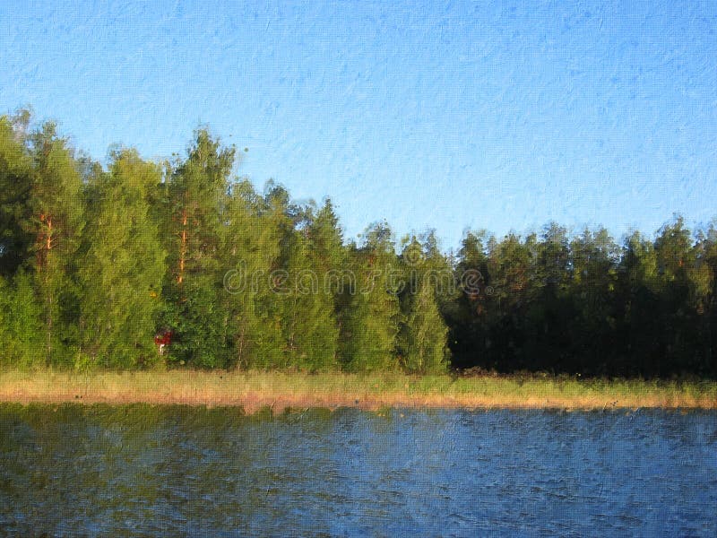 Oil Painting Style and Abstract Illustration of River and Forest Stock ...