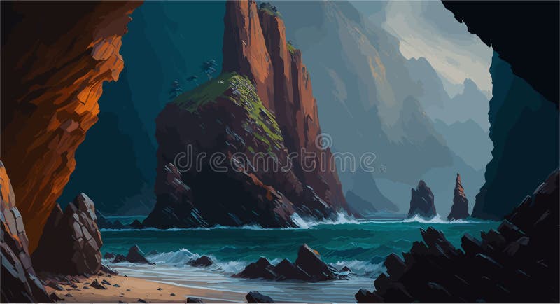Oil Painting-style Image of a Rugged Beach Cliff at Night, with the ...
