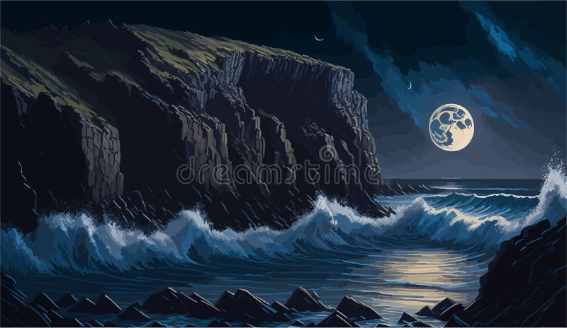 Oil Painting-style Image of a Rugged Beach Cliff at Night, with the ...