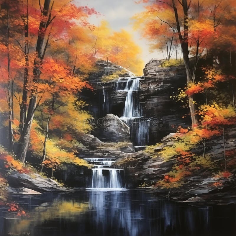 An Oil Painting of a Waterfall in the Fall Stock Illustration ...