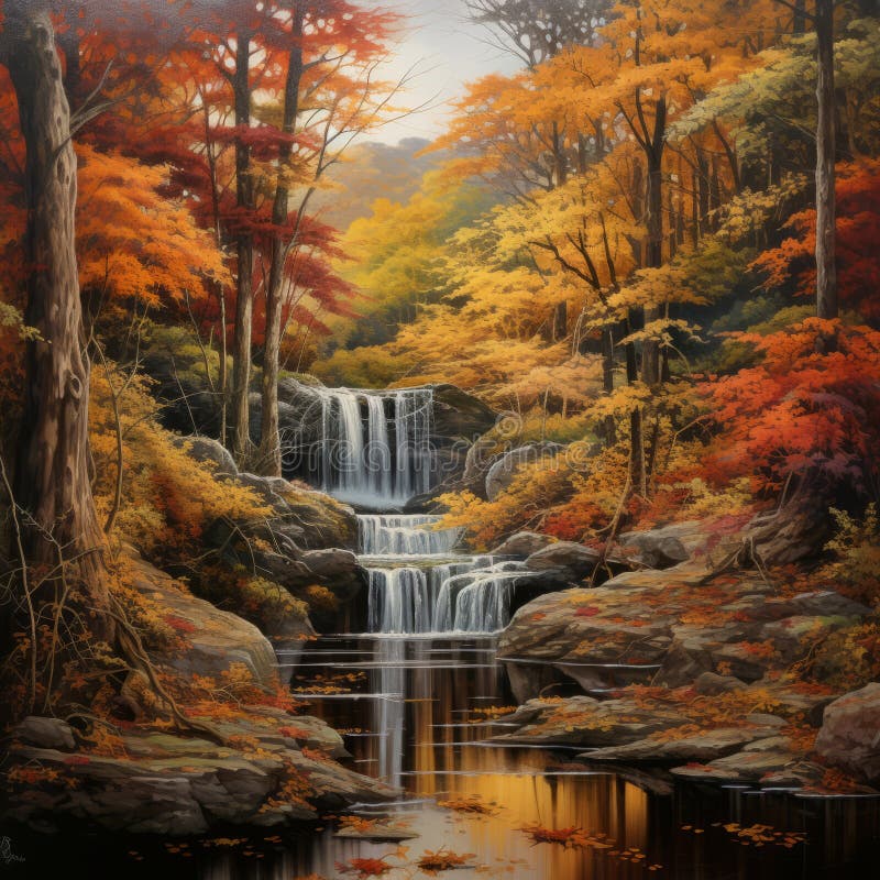 An Oil Painting of a Waterfall in the Woods Stock Illustration ...