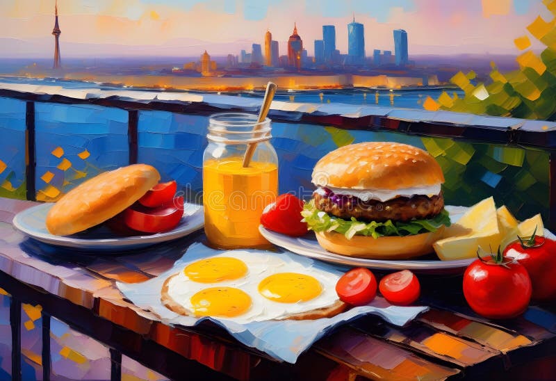 Oil Paintings Still Life, Breakfast on the Terrace Stock Illustration ...