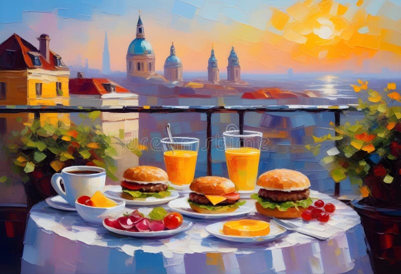 Oil Paintings Still Life, Breakfast on the Terrace Stock Illustration ...