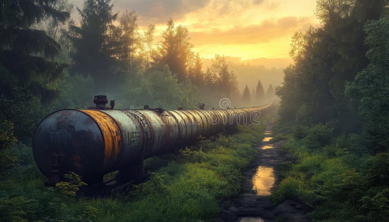 Oil Pipeline Transporting Resources through Dense Forest at Sunset ...