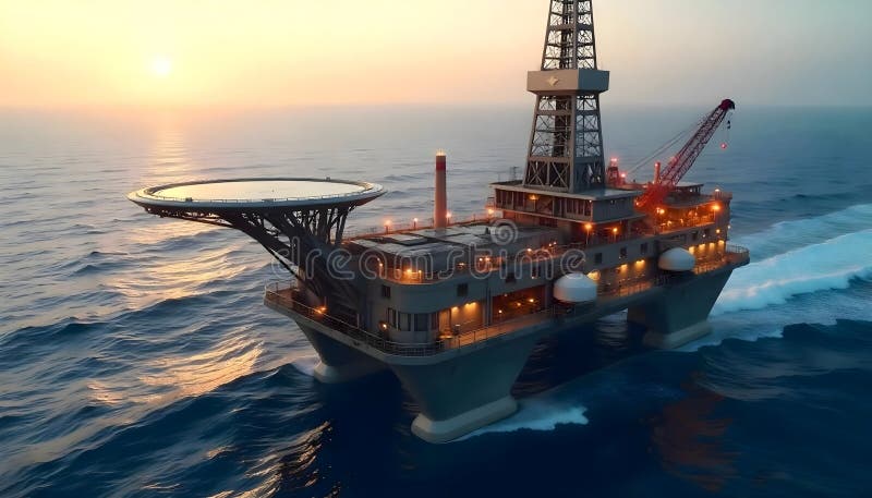 Oil Platform in the Ocean during Sunset, Featuring a Large Helipad and ...