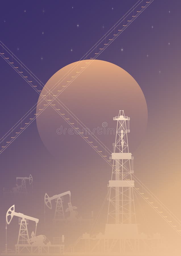 Oil Production in the Desert, Oil Rigs. Vector Line Art Illustration ...