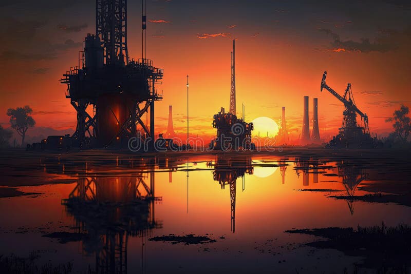 Oil Production Platforms with Rigs and Refineries at Sunset Stock Image ...