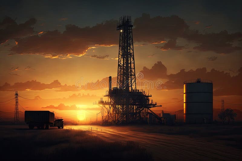 Oil Production Platforms with Rigs and Refineries at Sunset Stock Photo ...