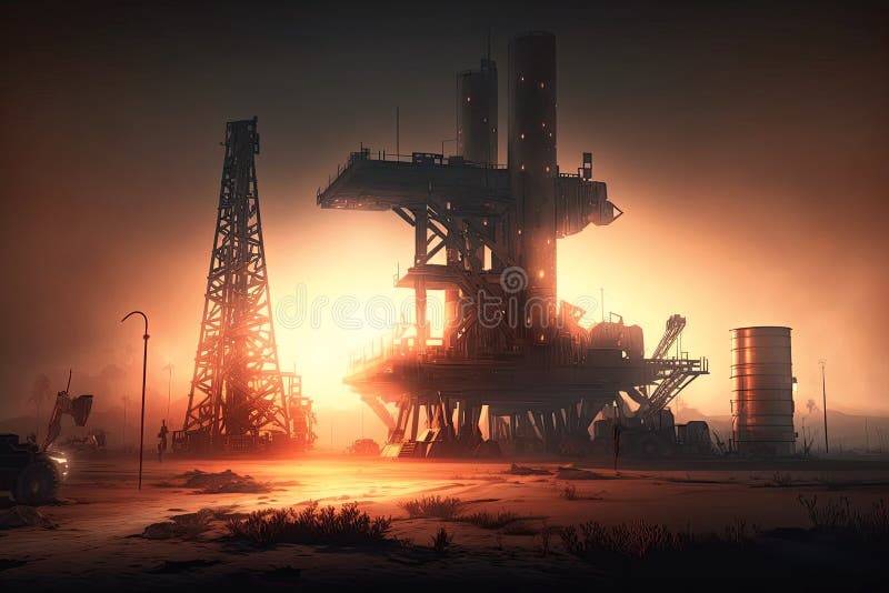 Oil Production Platforms with Rigs and Refineries at Sunset Stock Photo ...