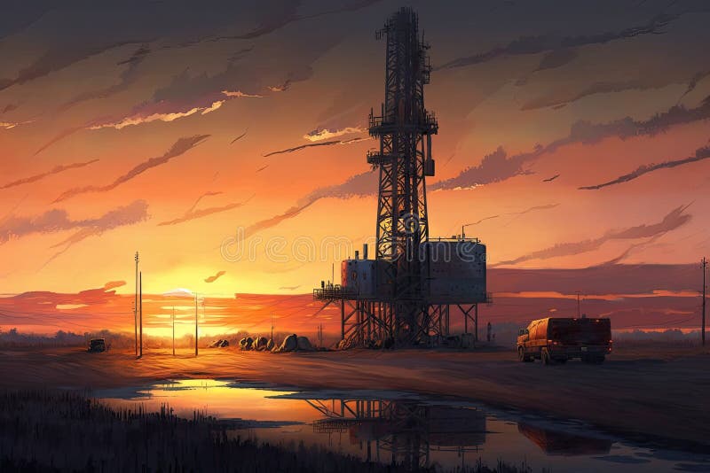 Oil Production Platforms with Rigs and Refineries at Sunset Stock Image ...
