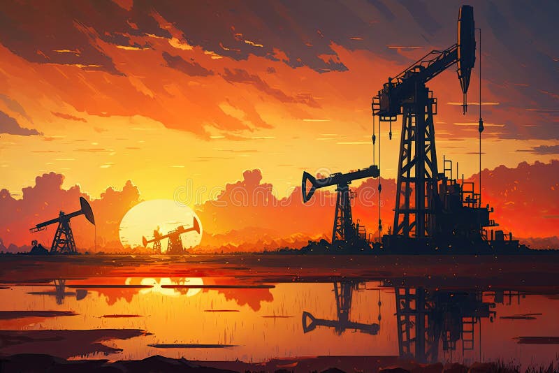 Oil Production Pumps at the Oil Field at Sunset Stock Photo - Image of ...