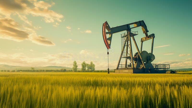 Oil pump in green field stock illustration. Illustration of barrel ...
