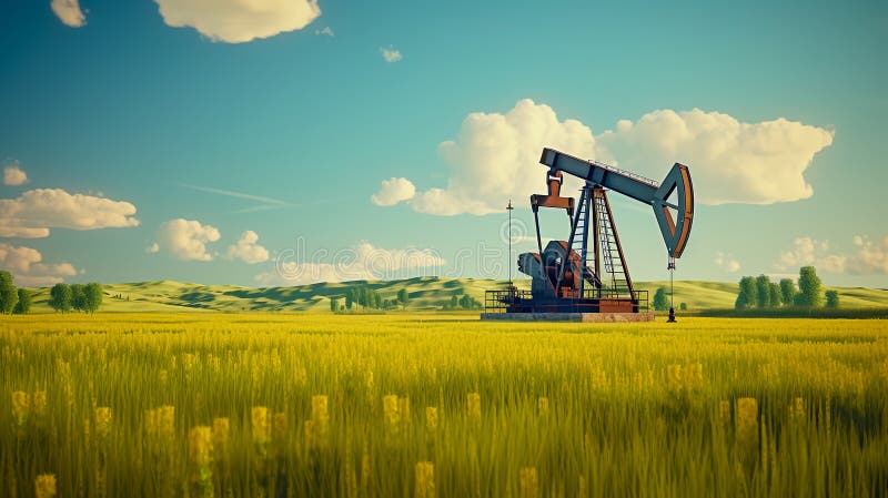 Oil pump in green field stock illustration. Illustration of technology ...
