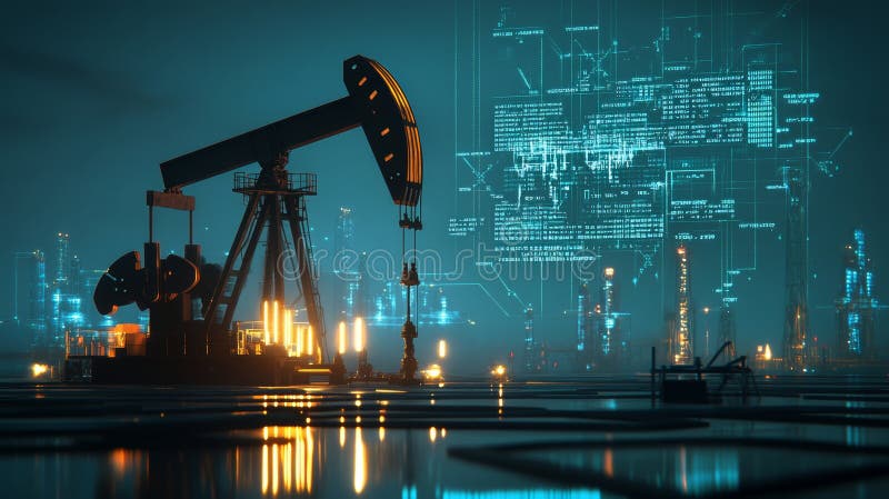 Oil Pump Jack Operating in Oilfield with Digital Graph Displaying ...