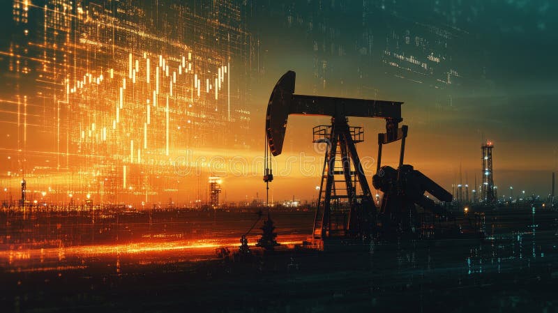 Oil Pump Jack Operating in Oilfield with Digital Graph Displaying ...