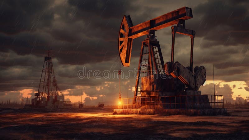Oil Pump Rig Oil and Gas Production Oil Field Site Dramatic Defocused ...