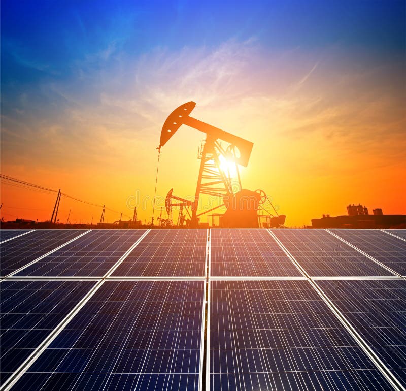 Oil pump with solar panels stock photo. Image of outline - 220440680