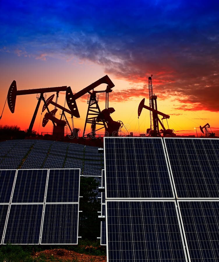 Oil pump with solar panels stock image. Image of gasoline - 249415211