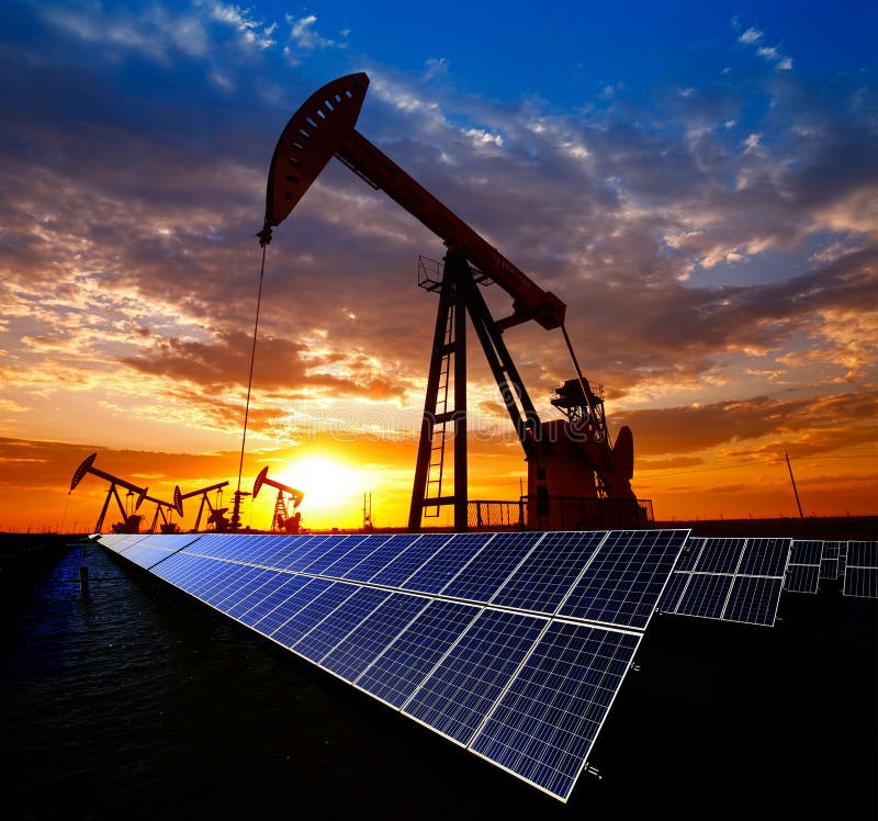 Oil pump with solar panels stock image. Image of energy - 276063689