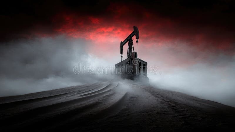 Oil Pumpjack Silhouette Against Dramatic Red Sky on Sand Dune Stock ...