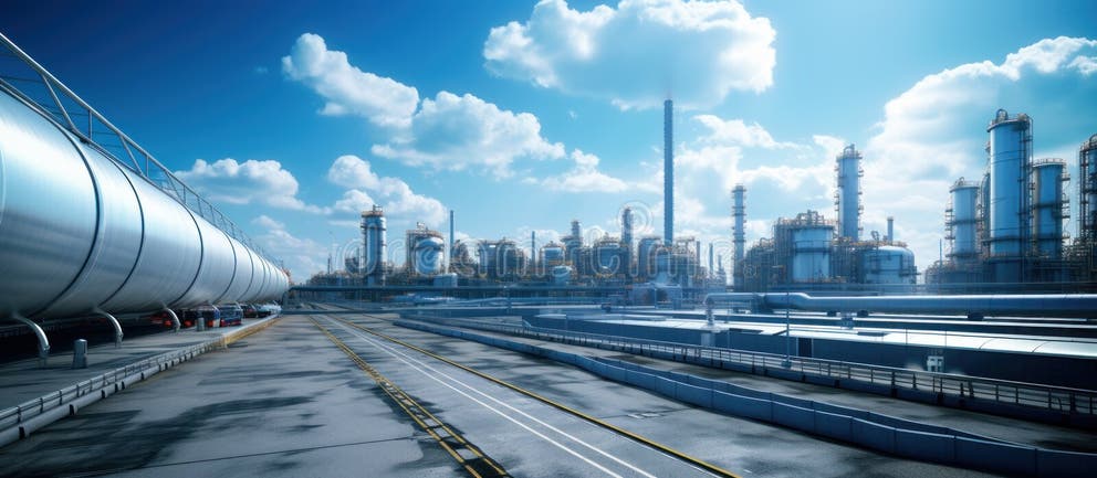 Oil Refinery with Blue Sky and White Clouds, Panoramic View Stock ...